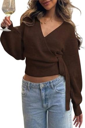 Generic Pull cache-coeur &agrave; col en V pour femme - Manches longues - Taille cintr&eacute;e - Haut court dautomne en tricot l&eacute;ger &agrave; nouer sur le c&ocirc;t&eacute;, caf&eacute;, XL