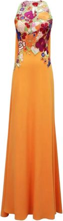 Gemy Maalouf Stehkragen-Maxikleid mit Blumen-Corsage - Orange
