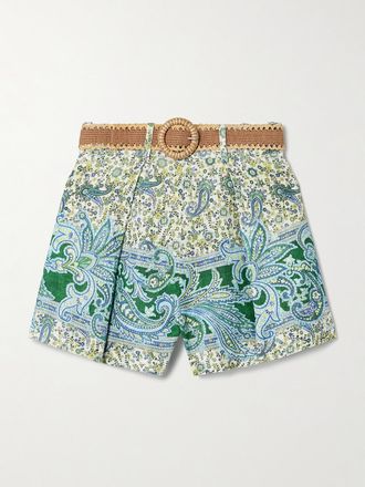 Zimmermann Ottie Shorts Aus Bedrucktem Leinen Mit Falten Und Gürtel - Grün