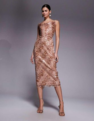 Tfnc Robe longueur mollet à sequins avec ourlet festonné - Or rose-Doré