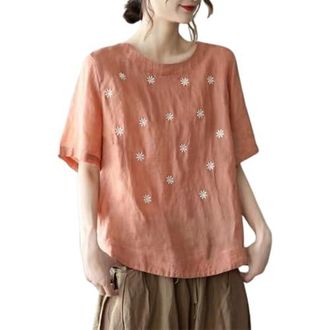 Generic T-shirt d&eacute;t&eacute; pour femme avec broderies et lin d&eacute;contract&eacute; - Design r&eacute;tro litt&eacute;raire - Couleur unie - Manches courtes, rouge, XXL