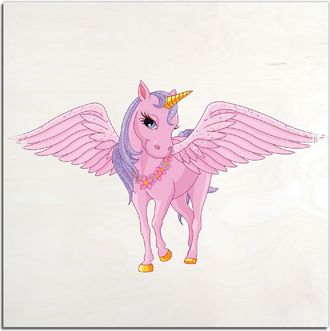 Wallario Wandbild aus Holz Rosa Einhorn mit großen Flügeln - 40 x 40 cm in Premium-Qualität: Brillante Farben