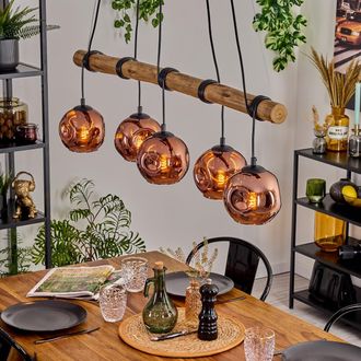 HOFSTEIN Pendelleuchte Ripoll, 5-flammige Hängelampe aus Metall/Holz/Glas in Schwarz/Natur/Kupfer, Hängeleuchte Retro/Boho mit Glasschirmen u. Holzbalken, 150 