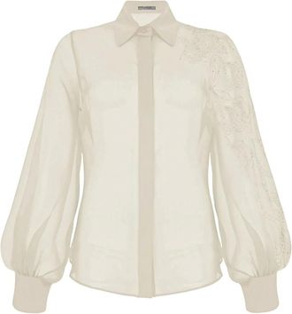 D.exterior Femme, Blouses et Chemises, Beige, Taille: 38 FR Chemise en tulle avec applications de dentelle