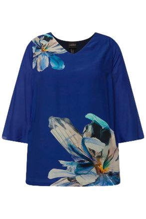 Ulla Popken Damen große Größen Übergrößen Plus Size Bluse, Blüten, Oversized, V-Ausschnitt, 3/4-Glockenärmel Dunkles Saphir 54+ 828536740-54+