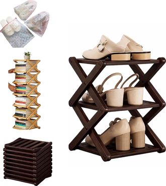 Generic 9-St&ouml;ckiges Bambusregal, 9-St&ouml;ckiges Bambusregal Ohne Montage, Faltbarer Platzsparender Schuhorganizer, Vertikale Schlanke Schuhaufbewahrung Mit 2-10 