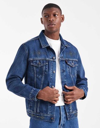 Levi's The Trucker - Veste en jean à délavage moyen-Bleu