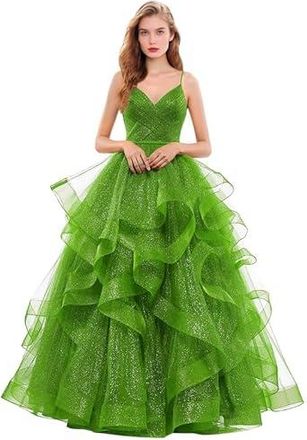 Generic Robe de bal en tulle pailleté avec col en V et bretelles spaghetti, robe de demoiselle dhonneur, robe de soirée formelle longue à étages, vert olive, 