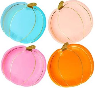 Talking Tables 8 St&uuml;ck Halloween Teller | K&uuml;rbisform Orange, Blau und Rosa Einweggeschirr f&uuml;r Party, Herbst, Erntedankfest, HALLOWPLATE