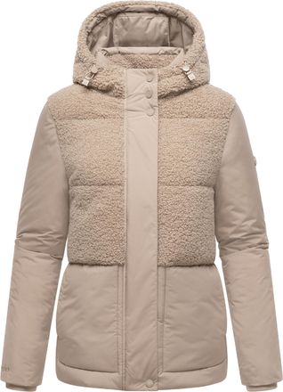Marikoo Damen Teddy-Fleecejacke warme Winterjacke Plüschjacke in angesagtem Materialmix mit Kapuze Sheeta 16 Light Taupe Gr. XS