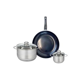 Fackelmann ELO 9716250 Batterie de cuisine 3 pièces, Ensemble de 1 Poêle de cuisson 28 cm et 2 faitouts 12 et 20 cm Elo Prima Brillant, inox, induction