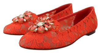 Dolce & Gabbana Womens Red Taormina Lace Crystals Ballet Flats Shoes Viscose