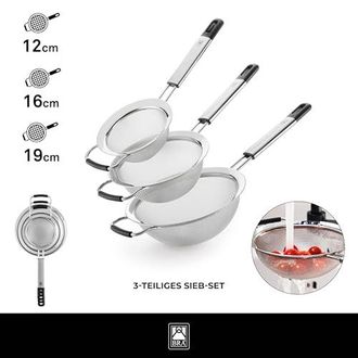 Bra Set mit 3 Sieben, 12, 16 und 19 cm, mit verst&auml;rktem Griff, aus Edelstahl 18/10, stapelbares System, einfache Aufbewahrung, mit Loch im Griff