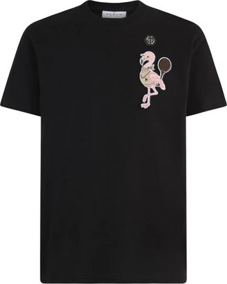 Philipp Plein Homme, Tops, Noir, Taille: L Round Neck T-Shirt Tennis Flamingo Patch