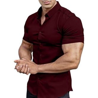 Generic Chemise habill&eacute;e coupe ajust&eacute;e pour homme, chemise daffaires &agrave; manches courtes, couleur unie, chemises formelles grande taille, hauts boutonn&eacute;s, haut 