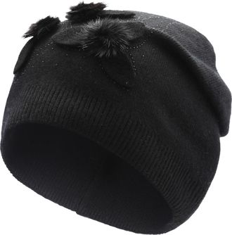 ZLYC Damen Strickm&uuml;tzen M&uuml;tze Doppellagig mit Blumenmuster Skull Cap(DREI kleine Pom-Blumen Schwarz),Einheitsgr&ouml;&szlig;e