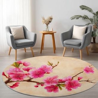 Generic Rose Tapis Rond Chinois - 180 cm Lavable Doux et antid&eacute;rapant Tapis, Vintage Fleurs Fleurs De Cerisier Impression pour Chambre &agrave; Coucher Salon Vestibu