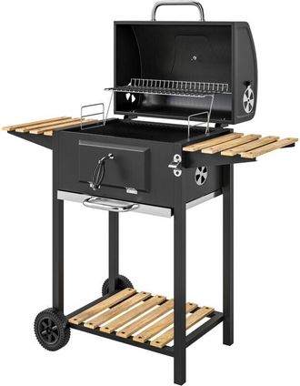 OUTSUNNY Barbecue charbon de bois avec couvercle 2 roues - hauteur grille r&eacute;glable, thermom&egrave;tre, 3 &eacute;tag&egrave;res - acier noir bois
