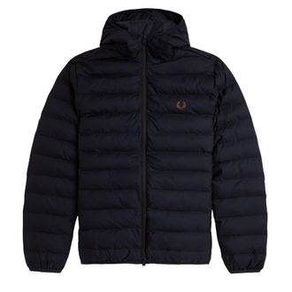 Fred Perry Schwarze Winterjacke mit Kapuze, isoliert, gepolstert, gesteppt, mit durchgehendem Rei&szlig;verschluss, l&auml;ssige Oberbekleidung, Schwarz, XXL