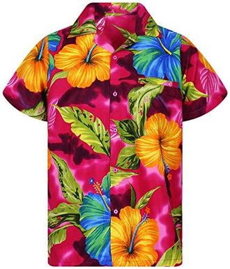 V.H.O. Funky Chemise Hawaienne, Big Flower, Rose, XL