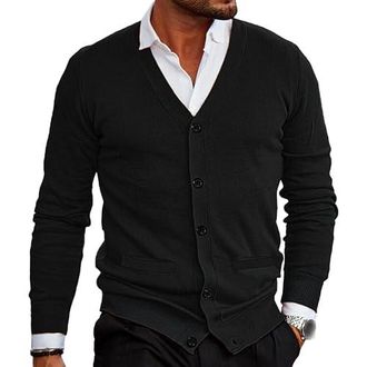 Generic Cardigan &agrave; col crant&eacute; pour homme avec poches &agrave; col ch&acirc;le et boutons, Noir, L