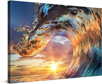 Picanova Bild auf Leinwand Wellen-Sonnenuntergang 120x80cm - Leinwandbild - Premium Leinwanddruck - Wandbild Kunstdruck Auf 2cm Holz-Keilrahmen Wohnzimmer Wand