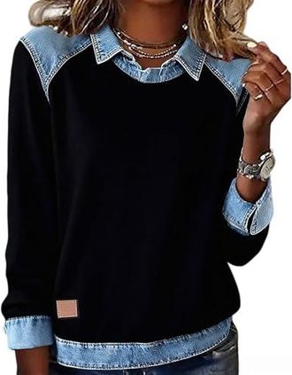 Generic Sweats en denim patchwork pour femme, col en denim, patchwork cousu, pull de No&euml;l d&eacute;contract&eacute;, Noir, 3XL