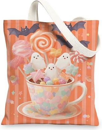 Generic Sacs fourre-tout en toile mignons, motif friandises dHalloween amusantes, sacs de courses réutilisables, légers et lavables avec bandoulière, Orange, 