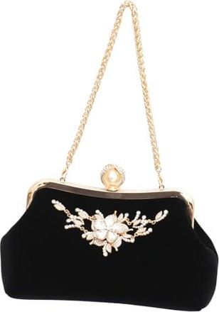 Yardwe Sac à Main Soirée Femme Tissu Pelucheux avec Ornements Pochette Chic pour Mariage et Banquet Élégant Sac de Fête Noir