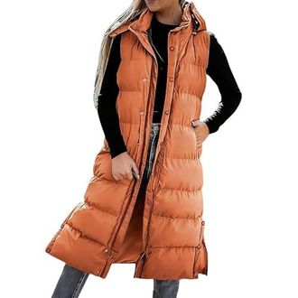 Generic Gilet bouffant long pour femme, capuche matelass&eacute;e et fermeture &agrave; boutons, veste longue sans manches pour lhiver chaud, Orange, 3XL