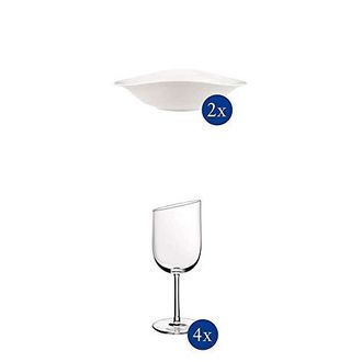 Villeroy & Boch Vapiano Pastaschalen-Set, 2 tlg., 800 ml, 27 x 21 cm, Premium Porzellan, spülmaschinen-, mikrowellengeeignet, weiß + NewMoon Weissweinkelch-Set, 4 tlg