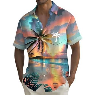 Generic Chemise hawa&iuml;enne en lin pour homme &agrave; manches courtes - Polo boutonn&eacute; - Motif floral - Coupe droite - Respirant - Classique, Vert menthe., 4XL