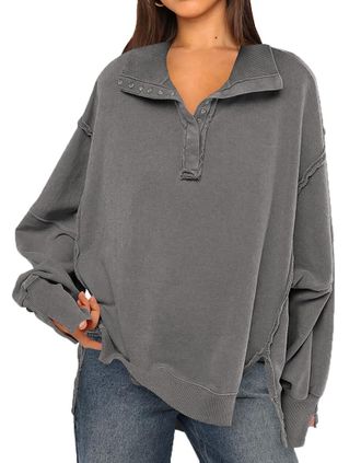 OLIPHEE Sweatshirts f&uuml;r Damen Sweatshirt Damen Oversized mit Kn&ouml;pfe Fr&uuml;hling Herbst Pullover Langarmshirts f&uuml;r Damen V-Ausschnitt Revers Loose Tops Vintage Ob