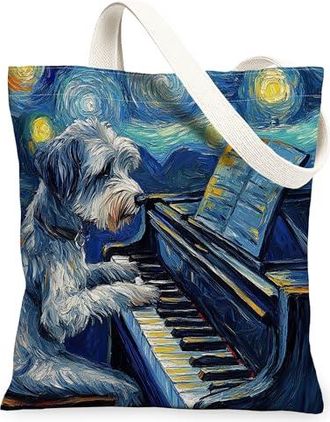 Generic Sac fourre-tout en toile motif chien Schnauzer 33 x 38,1 cm, motif piano &eacute;toil&eacute;, sac d&eacute;picerie r&eacute;utilisable, sac d&eacute;picerie pour femme, animal domestiq