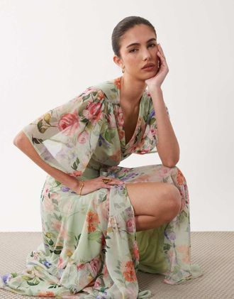 Hope & Ivy Robe portefeuille longue nou&eacute;e &agrave; la taille &agrave; fleurs et manches &eacute;vas&eacute;es - Vert menthe