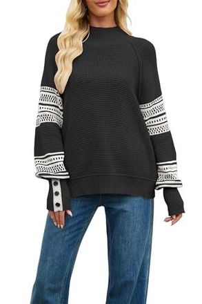 Generic Pull surdimensionn&eacute; en tricot torsad&eacute; &agrave; col haut pour femme, pull d&eacute;contract&eacute; streetwear pour sortir, tendance, Noir, XXL