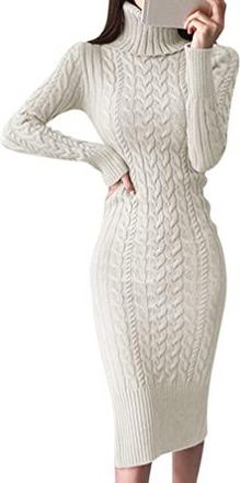 Minetom Robe Pull Femme Moulante Chaud Manches Longues Pullover Col Roulé Robe Tricoté Automne Hiver Chandail Midi Robe A Blanc XS