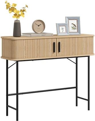 HOMCOM Console Meuble, Table Console, Table dentr&eacute;e avec Portes coulissantes &agrave; Lattes et Pieds en Acier, Bout de canap&eacute; pour Salon, ch&ecirc;ne et Noir