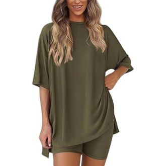 Generic Simtplicity Costume d&eacute;contract&eacute; de couleur unie avec haut et short fendus pour femme, ensemble d&eacute;t&eacute; d&eacute;contract&eacute;, vert militaire, 3XL