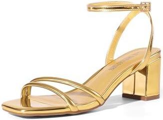 Dream Pairs Sandales &agrave; talons bas pour femme - Bout ouvert - Sangle de cheville - Confortables - Pour f&ecirc;te de mariage, dor&eacute;, 37 EU