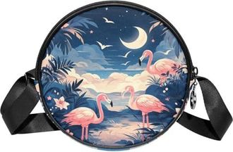 Generic Petit sac &agrave; bandouli&egrave;re circulaire pour femme, motif flamant rose tropical, sac &agrave; bandouli&egrave;re avec fermeture &eacute;clair, bretelles r&eacute;glables, sac &agrave; main r