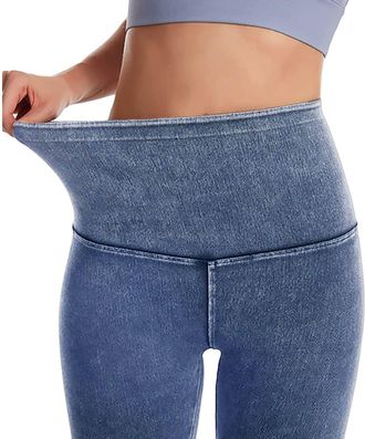 Onsoyours Damen Leggings Jeans-Look High Waist Jeggings Stretch Jeans Hose Blickdicht Einfarbig Yogahose Kompressions Fitnesshose f&uuml;r Gym Laufen Fitness F Blau 