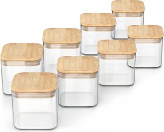 Arendo Vorratsgl&auml;ser mit Deckel - 8er Set - Beh&auml;lter aus Glas - hitzebest&auml;ndig - Vorratsdosen mit Bambusdeckel - luftdicht - f&uuml;r M&uuml;sli Zucker Mehl Kaffee Rei