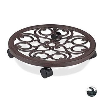 Relaxdays Pflanzenroller rund, Metall, Gefäßroller für innen & außen, antik, Ø 38 cm, Rolluntersetzer Blumentopf, braun