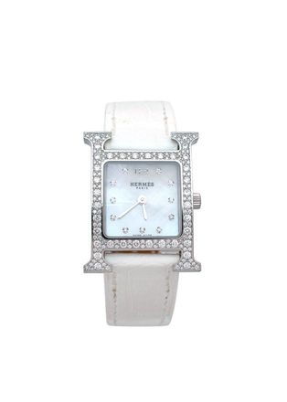 Hermès Hermès Heure H Mini Model Watch with Diamond-Set Steel & White Alligator Strap Size S