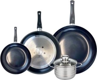 Fackelmann ELO 9746650 Batterie de cuisine 4 pi&egrave;ces, Ensemble de 3 Po&ecirc;les de cuisson 20, 28 et 32 cm et 1 faitout 14 cm Elo Prima Brillant, inox, induction