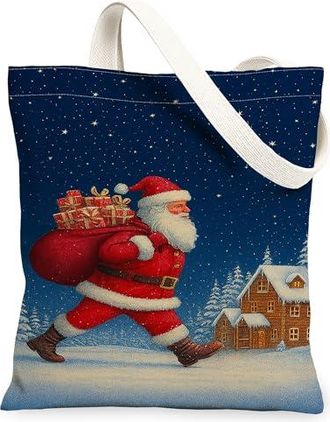 Generic Sacs fourre-tout festifs en toile, motif P&egrave;re No&euml;l, sacs de courses r&eacute;utilisables, confortables, l&eacute;gers et lavables, parfaits pour les cadeaux, les vo