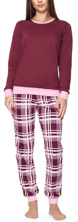 Merry Style Damen Schlafanzug Zweiteiler Pyjama lang bunt mit Muster (Weinrot/Kariert, XXL)