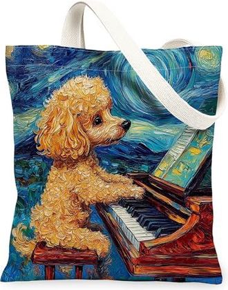 Generic Sac fourre-tout en toile avec caniche pour le shopping, 33 x 38 cm, motif piano &eacute;toil&eacute;, sac d&eacute;picerie r&eacute;utilisable pour femme, animal domestique, chio