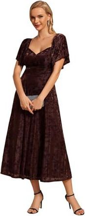 Ever-pretty Robe de Soirée en Velours Col Carré Modèle Manches Courtes pour Mariage Invité Chic Marron 50